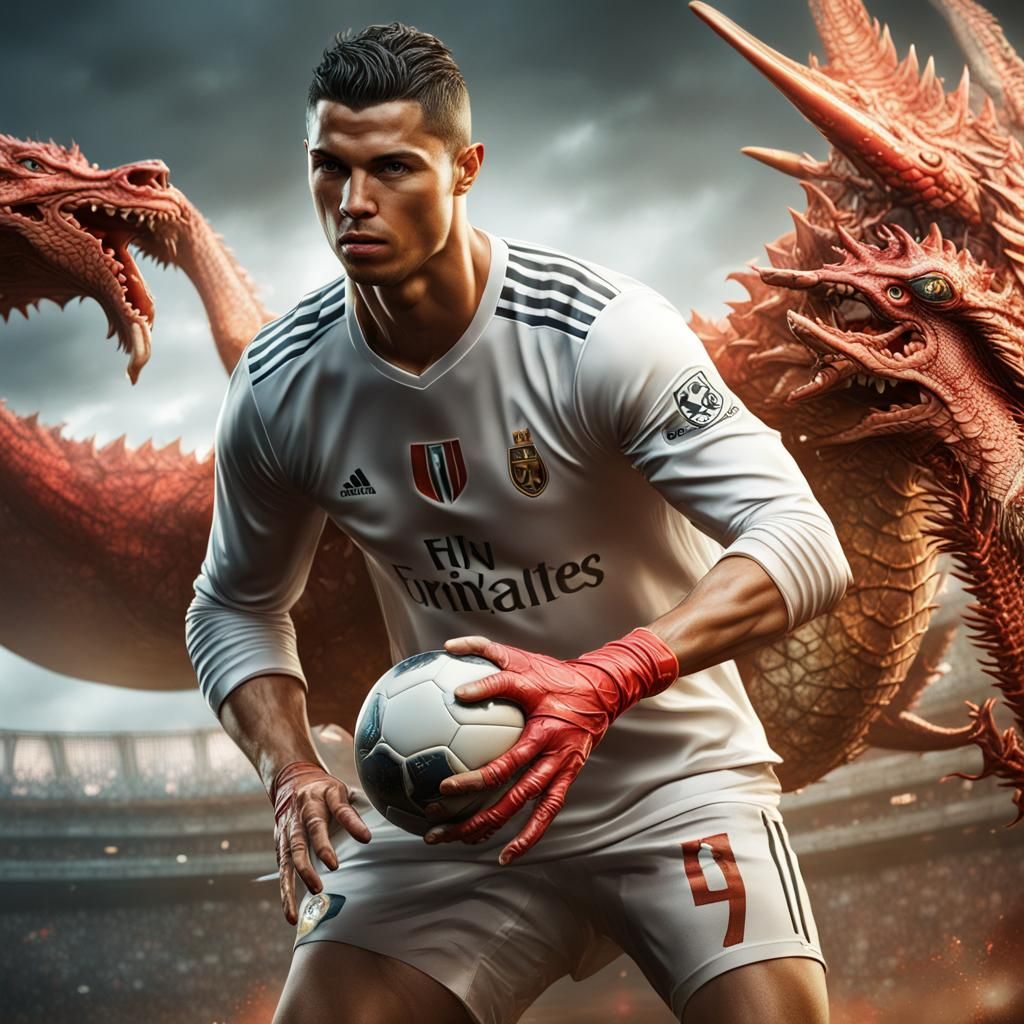 Ronaldo with football spinning on 1 finger and fighting with dragon ...
