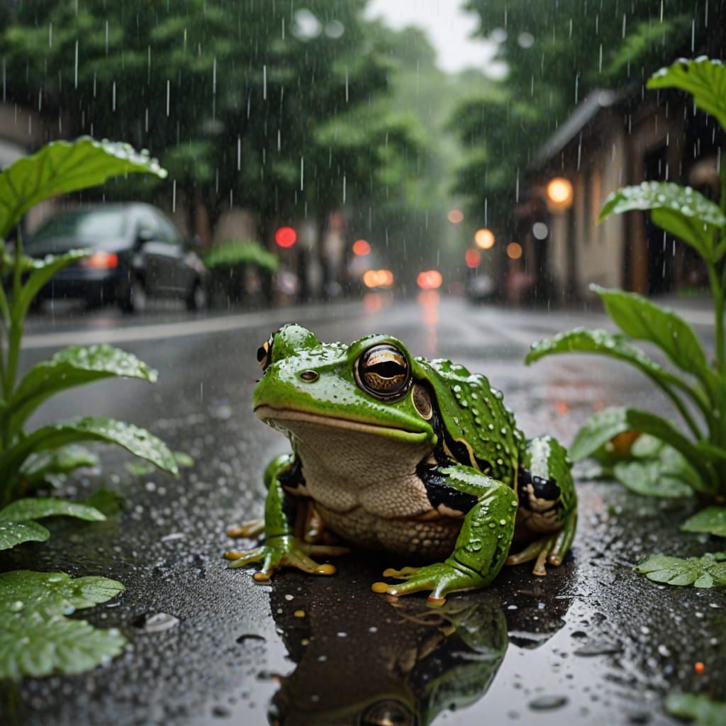 frog in rain - A Frog Amidst a Refreshing Rainy Scene