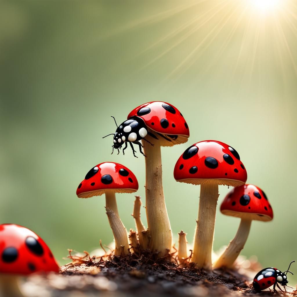 lady bugs on mushrooms composite photograph magnificent sunny - AI ...