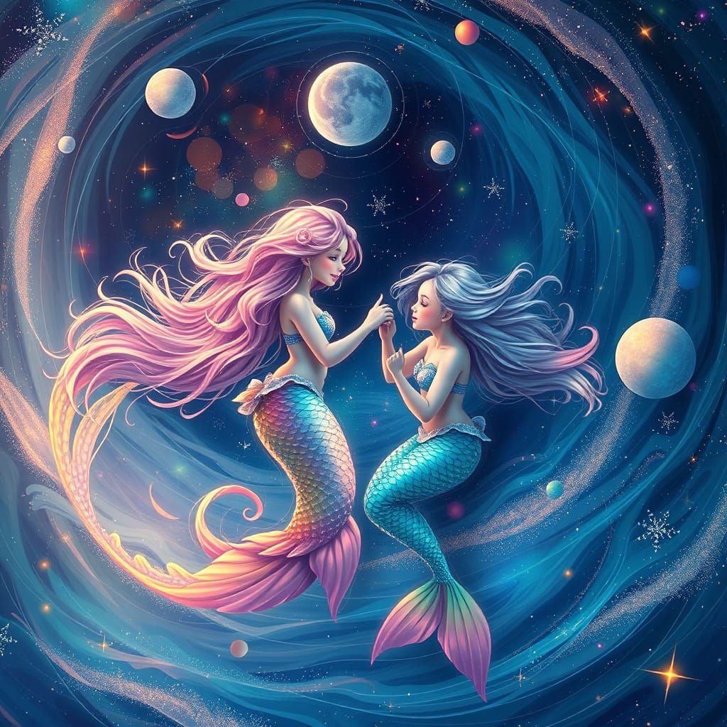 Mermaids in Cosmic Ocean Holographic Astral Art - AI Art