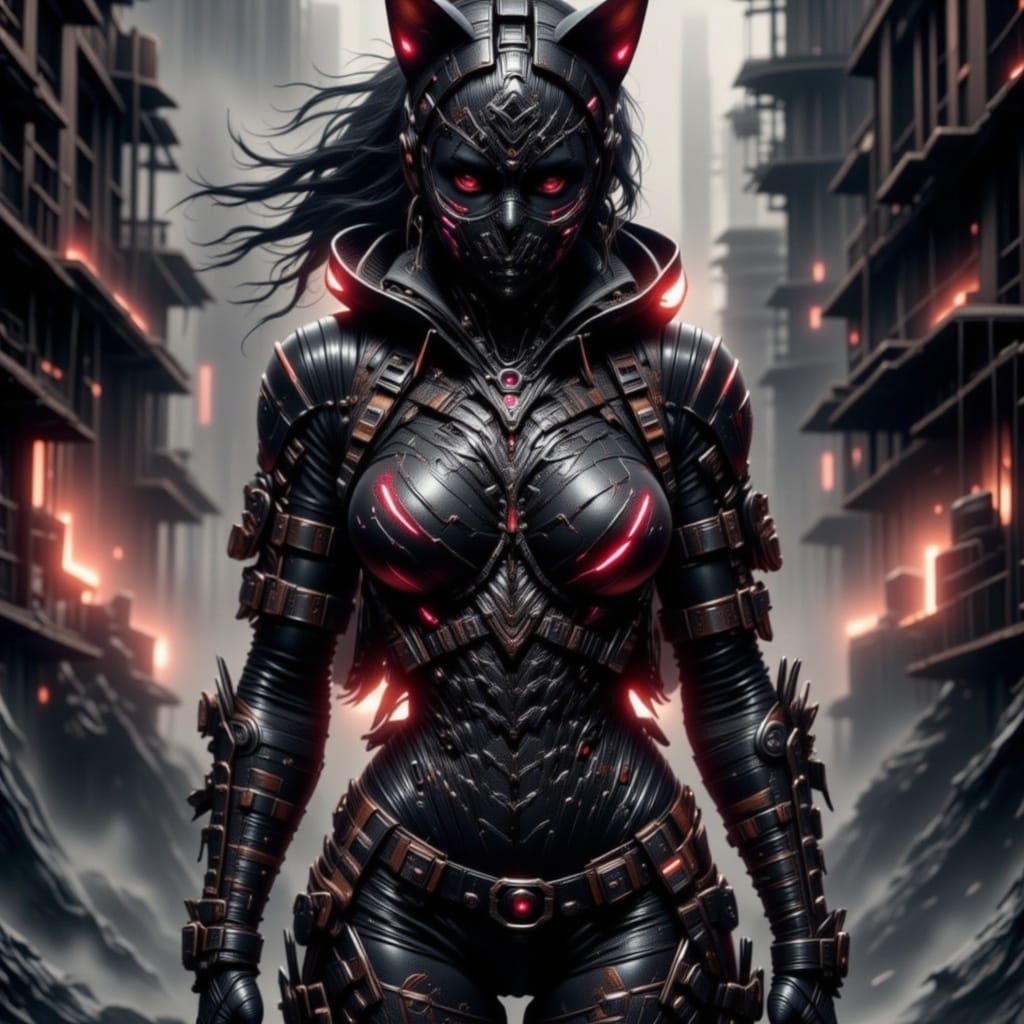 Gothic Female Warrior in Tactical Outfit with Cat ... - AI Art