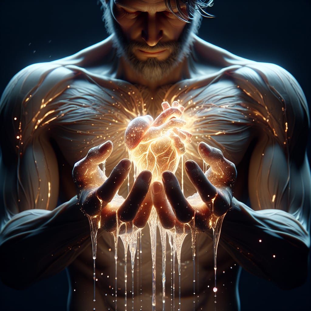 close-up torso portait of a man pouring his love from his heart into ...