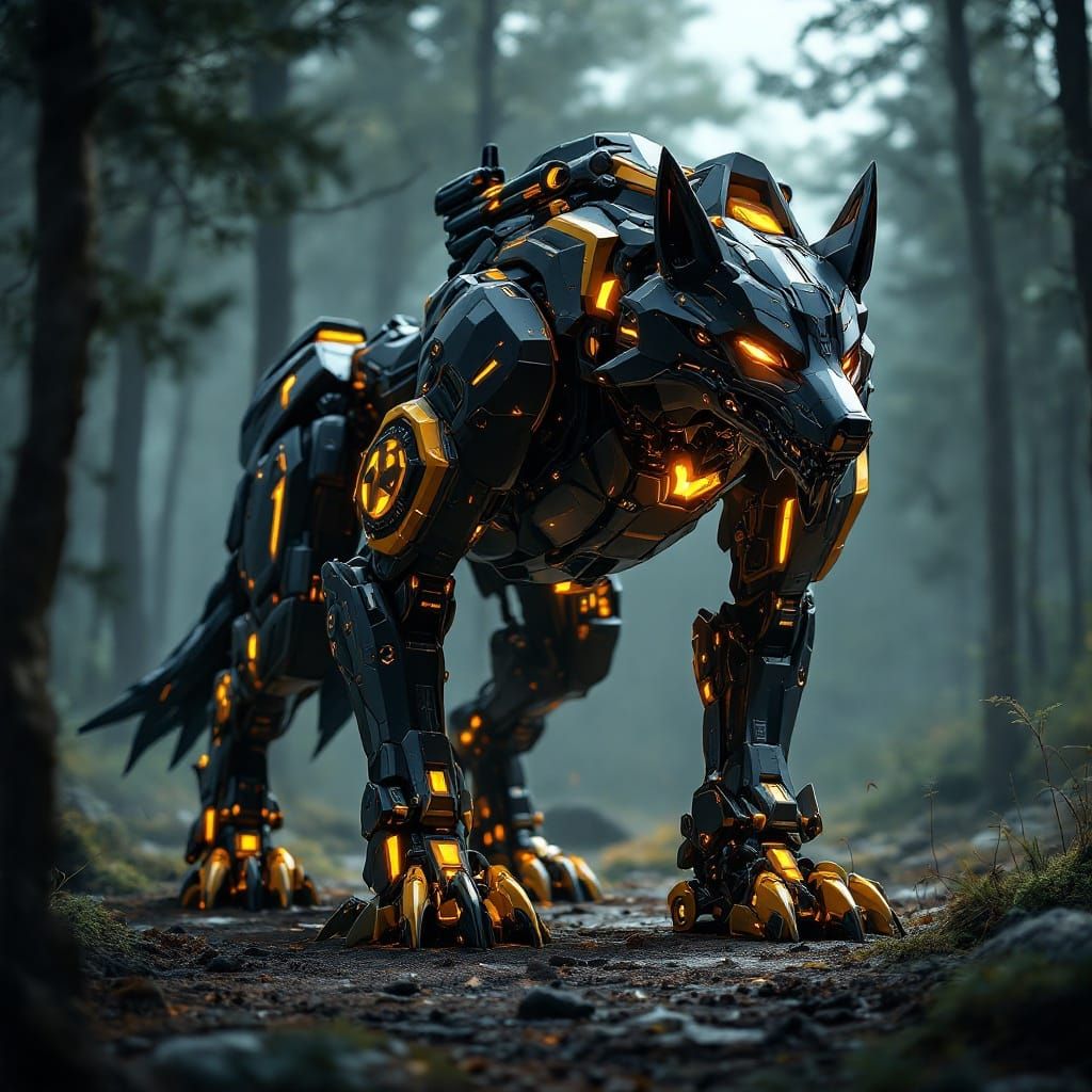 Black and Gold Mecha-Wolf in Forest, Dark Fantasy ... - AI Art