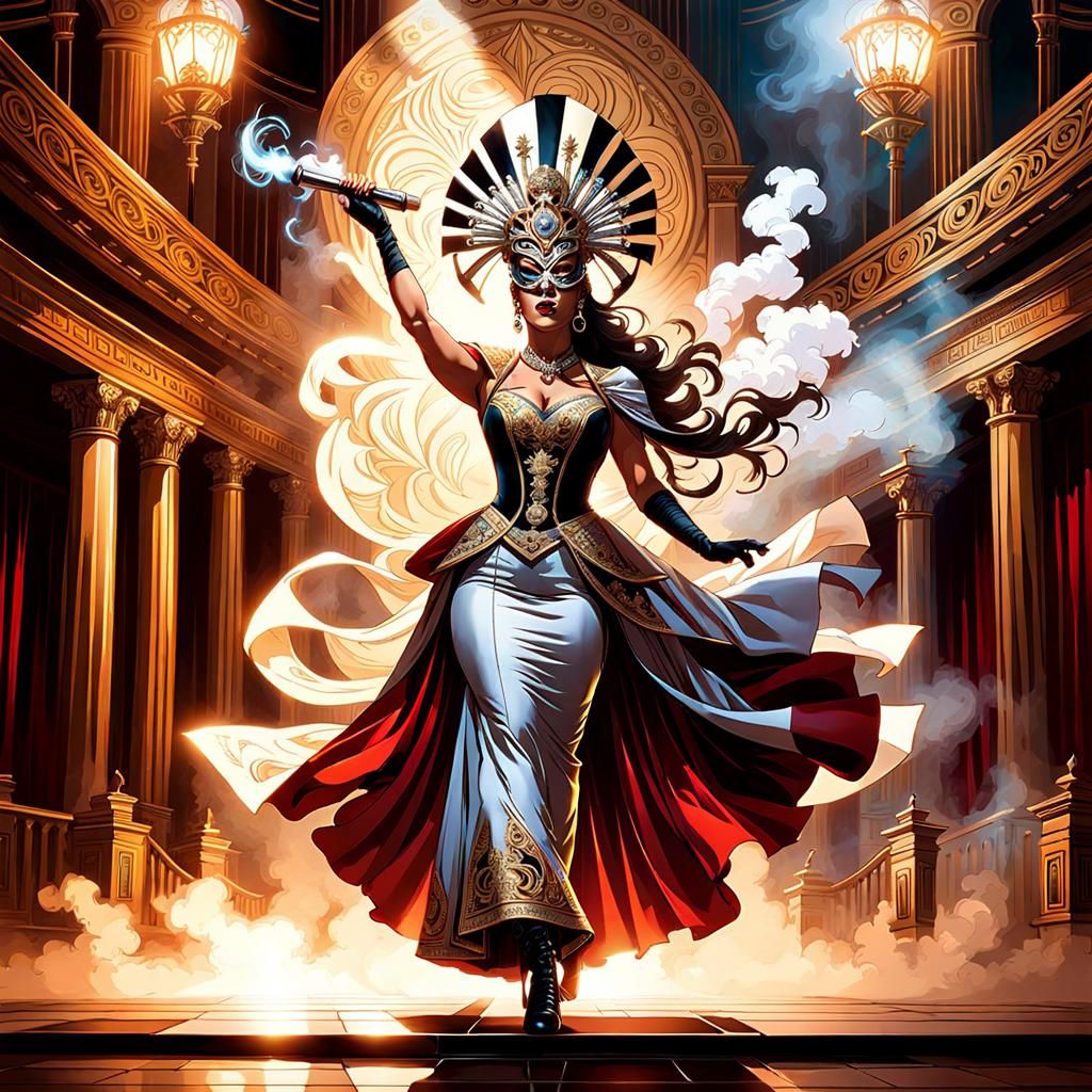 Young beautiful female opera singer (singing) wearing ornate mask ...