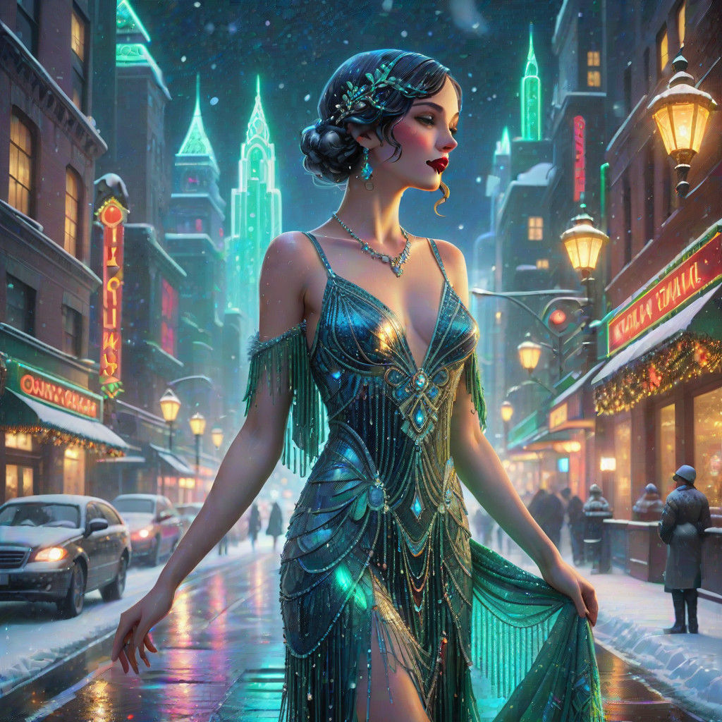 a full body image of a beautiful art deco 1920s Christmas. ethereal fantasy hyperdetailed mist ...