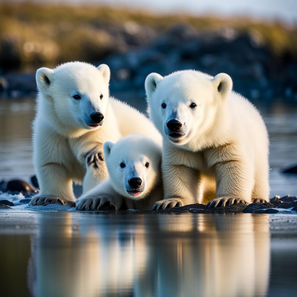 Adorable baby polar bear cubs happily splashing in a puddle on a ...