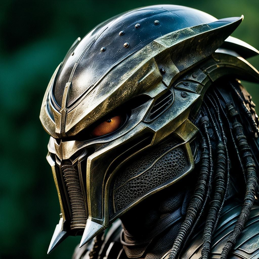 The image shows a detailed close-up of a Predator's head. The helmet ...