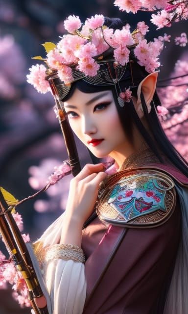 Beautiful Elvish Woman Samurai wearing a crown of cherry blossoms ...
