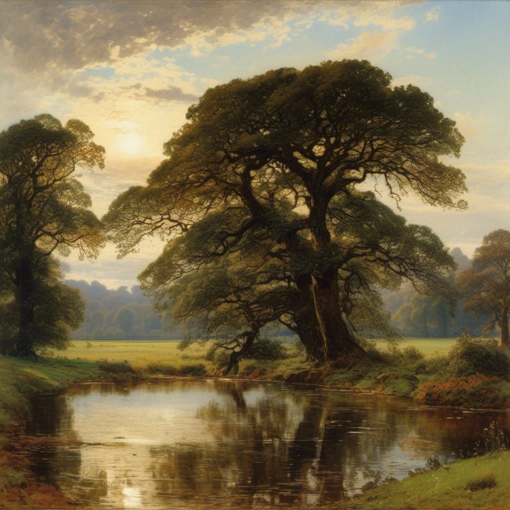 landscape with lake and old oak trees, by Albert Goodwin and Thomas ...