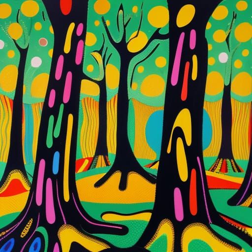 Yayoi Kusama style. Close up. Maple trees under warm sunlight. Naive ...