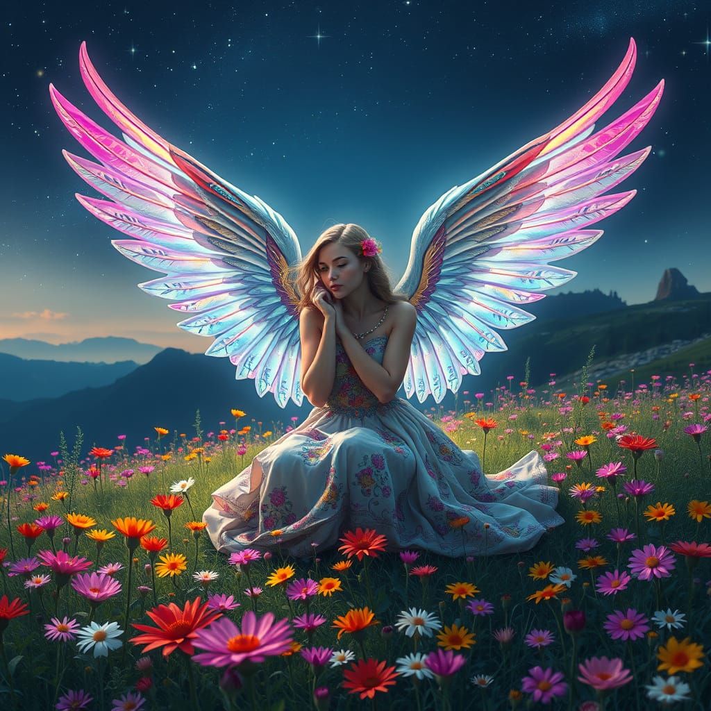 Recharging Her Light - Contemplative Angel in Art Nouveau St...