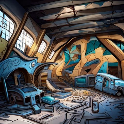 Forgotten automotive mechanic work shop in a crumbling factory in ruins ...