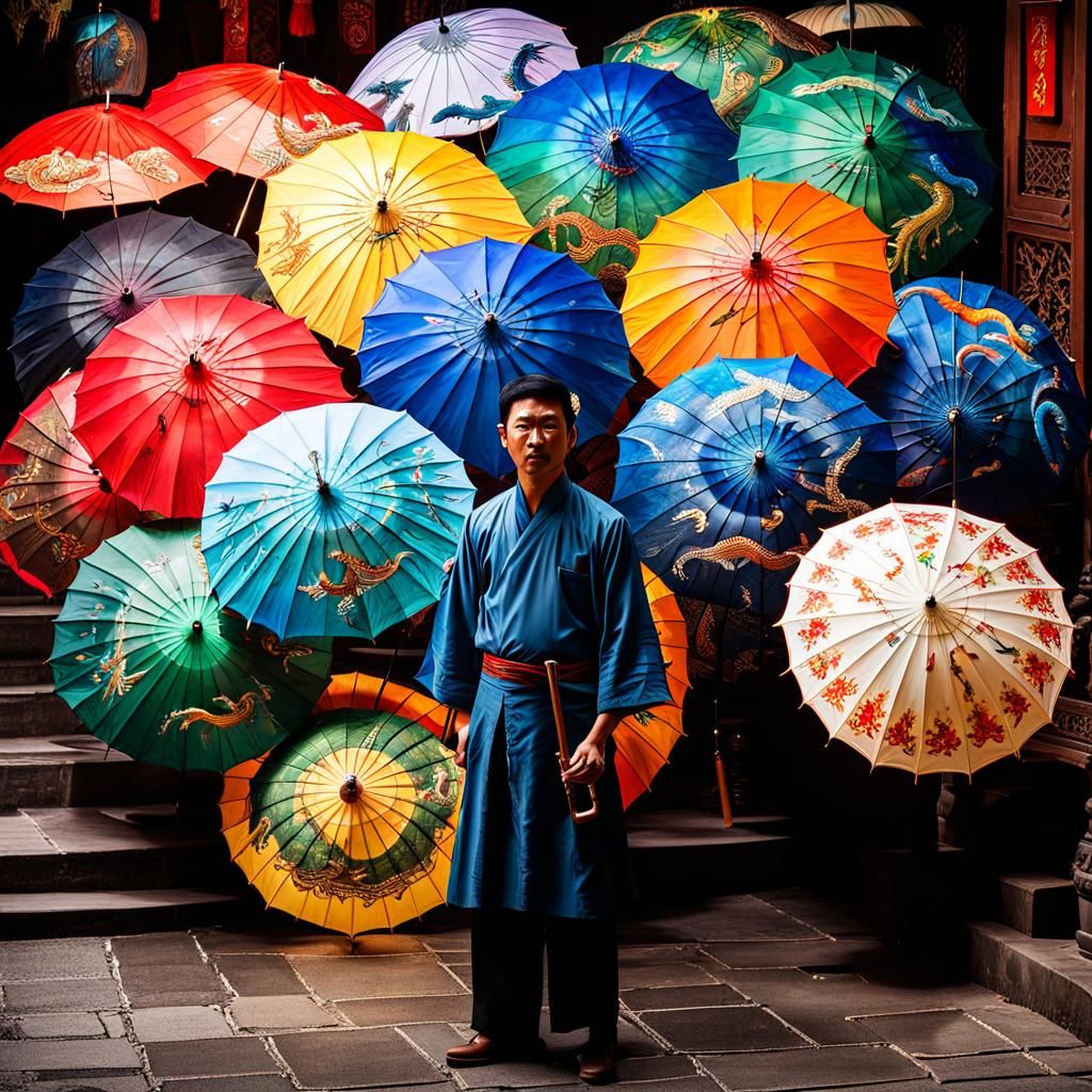 The skilled umbrella craftsman of Northern Thailand stands beside his ...