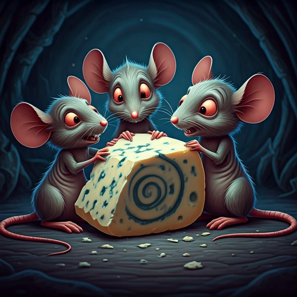mice gnawing on a twisted piece of blue cheese in the moonlight