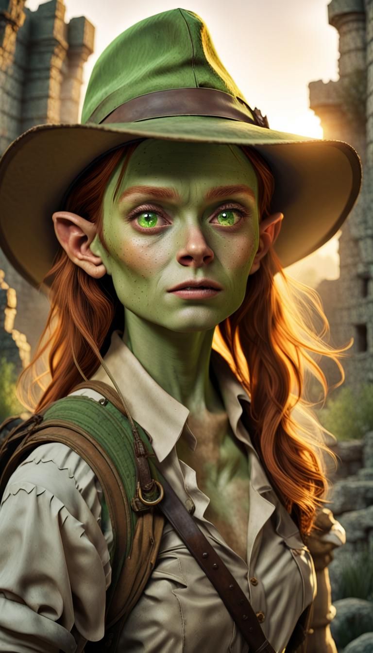 1 woman, portrait, (((beautiful goblin))), (((green skin))), freckles ...