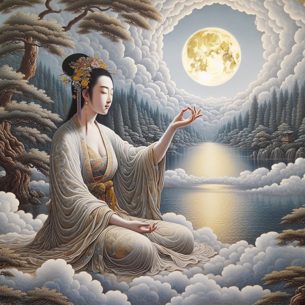 A very detailed Asian female figure floats above a lake between dense ...