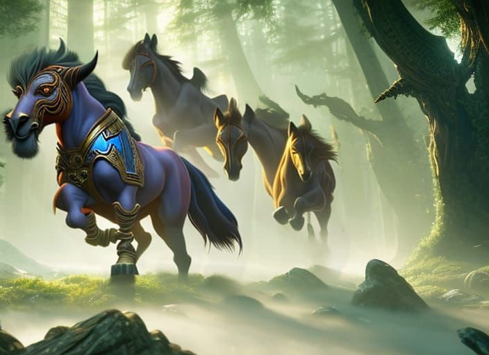 "A pack of gray wolves running through the forest." Artist: Amanda Sage ...