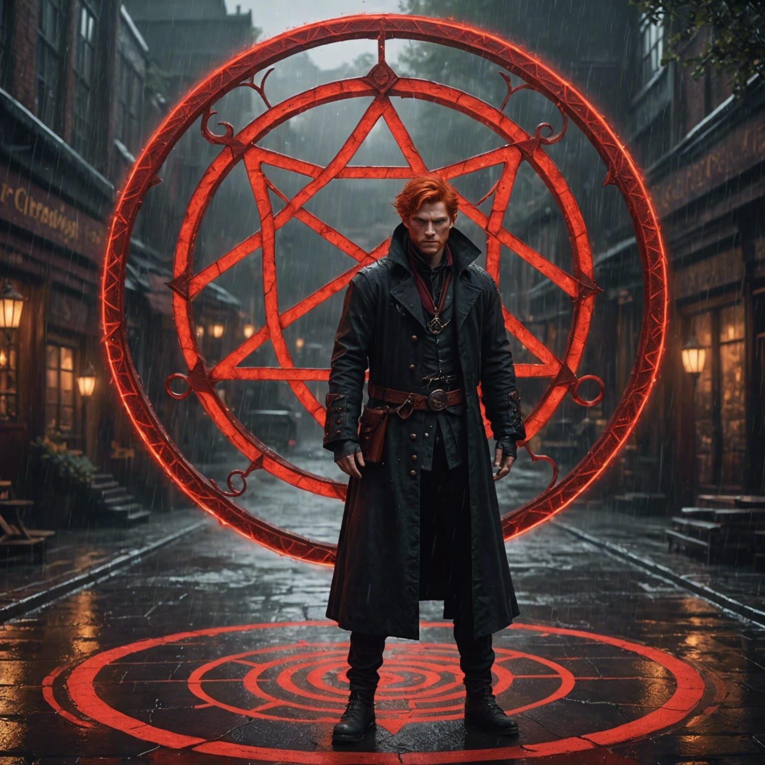 A red haired male alchemist, wearing black and red, standing in front ...