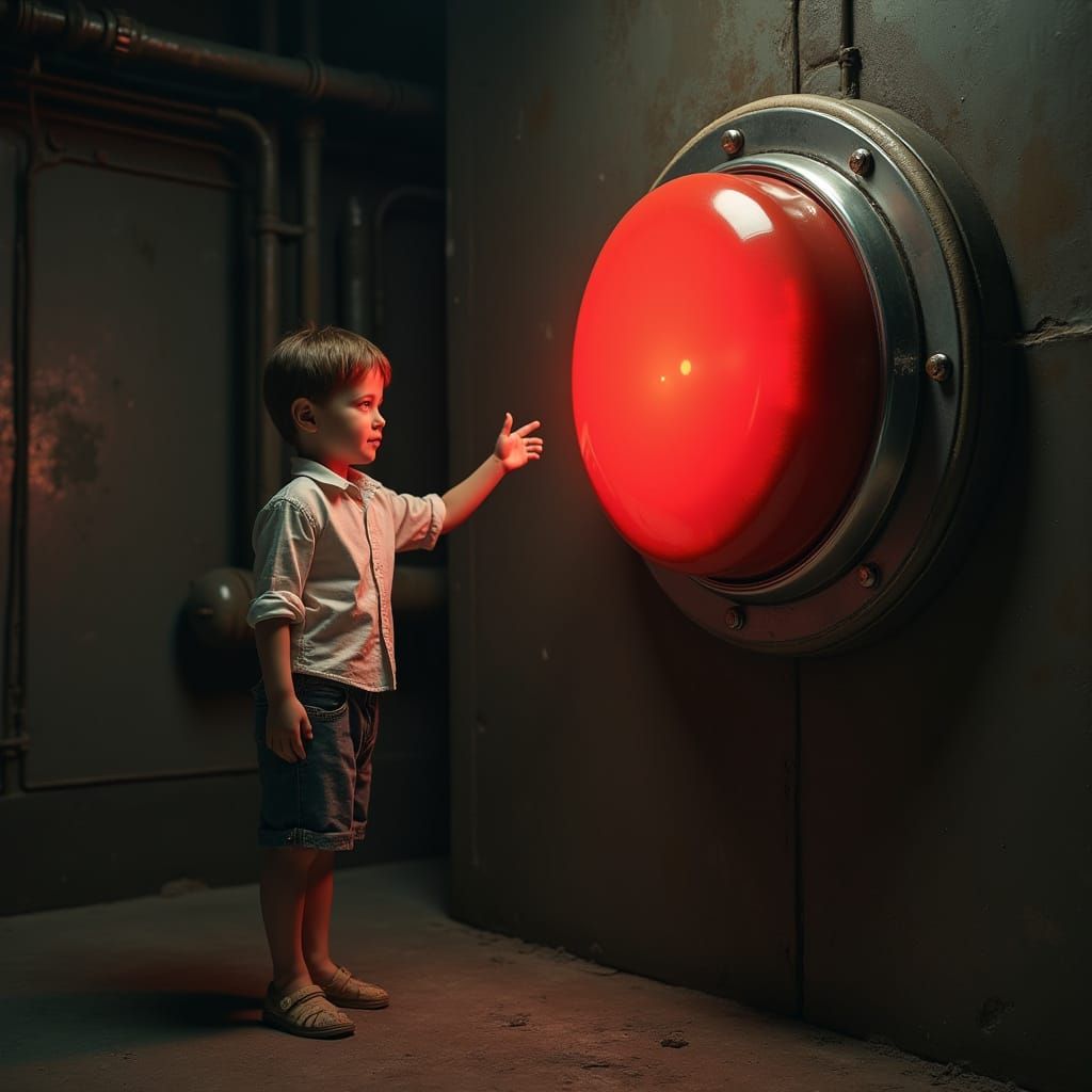 Small Boy Stares at Ominous Red Button in Industri... - AI Art