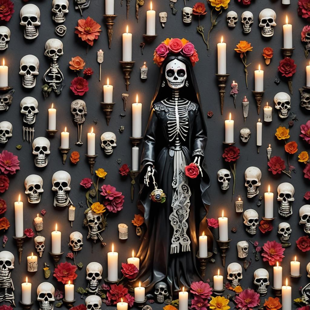 skeleton virgen de guadalupe with candles and flowers - AI Generated ...