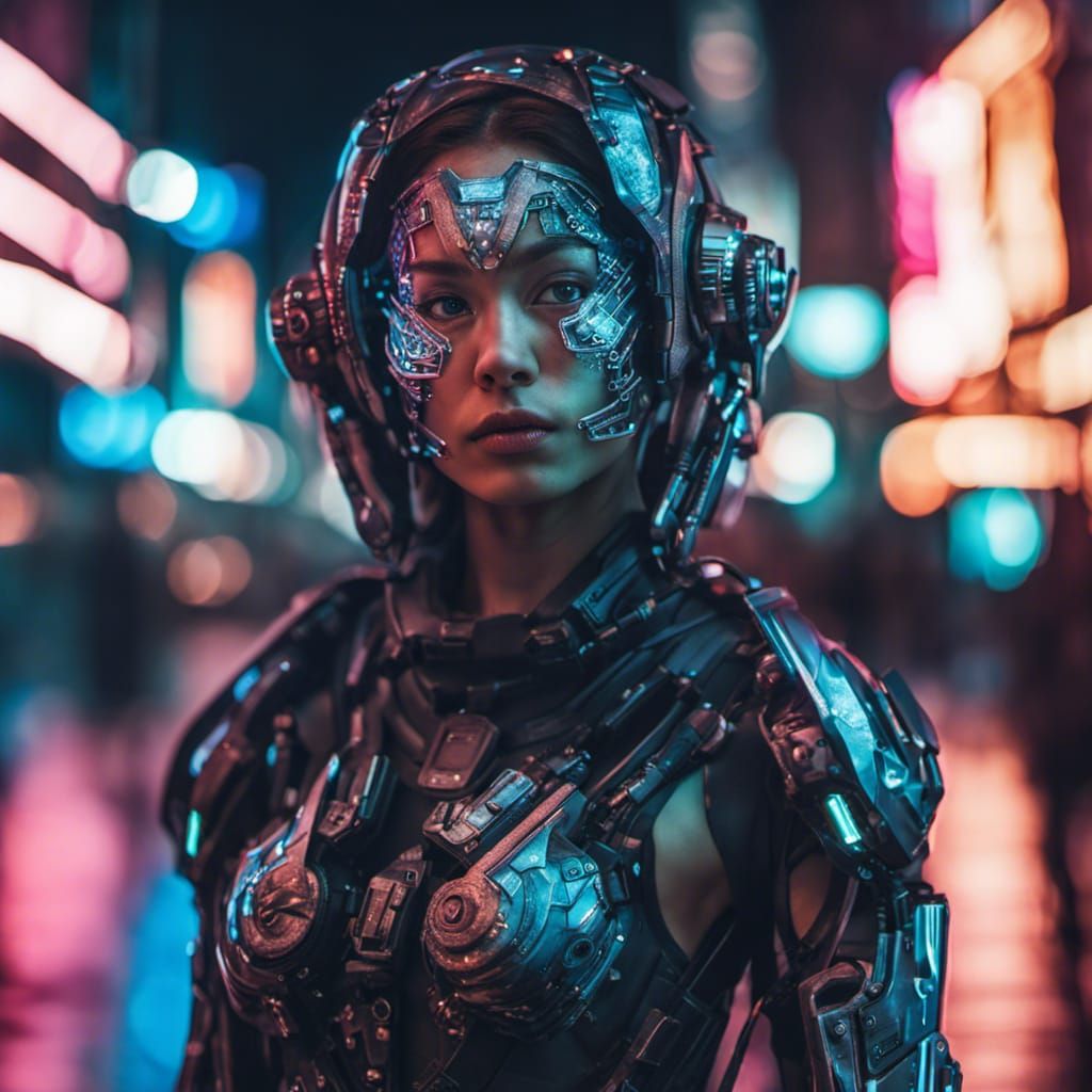 Cyborg Girl in Neon City at Night, Hyperrealistic ... - AI Art
