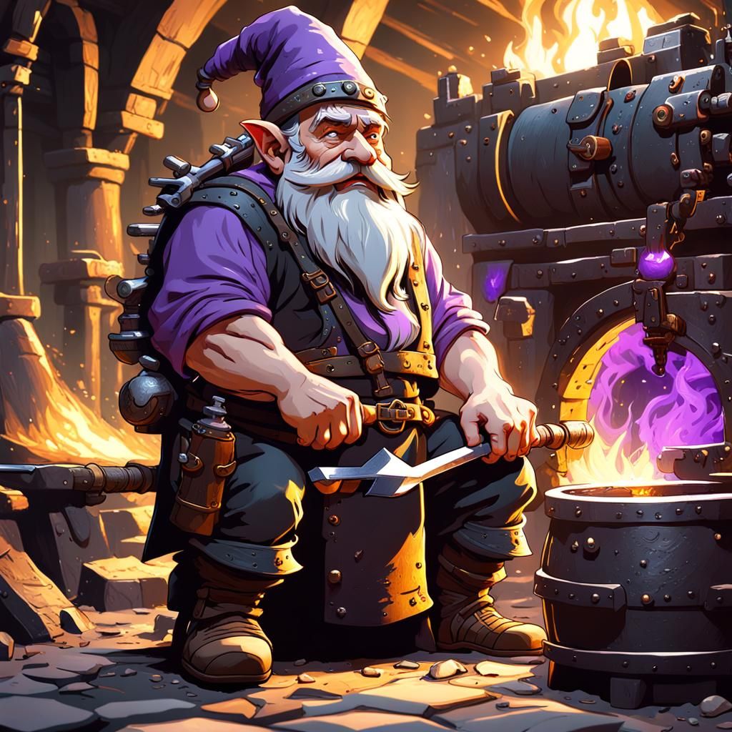 gnome blacksmith with his back against the background of the furnace ...