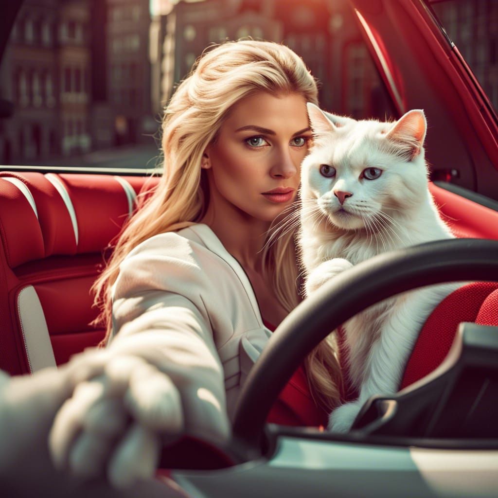 beautiful blonde woman driving red range rover car with white fat cat ...
