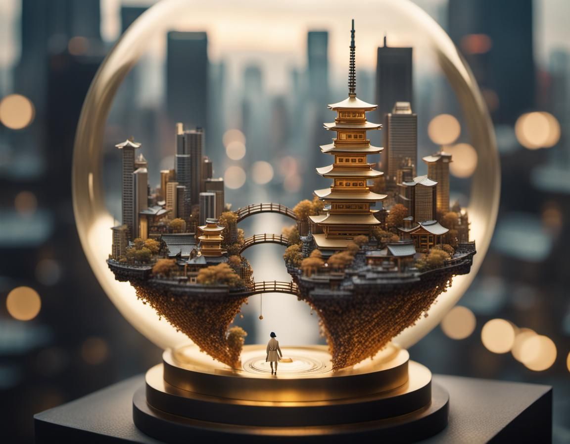 AUTOMATON - Golden automaton with a miniature Japanese cityscape in its ...