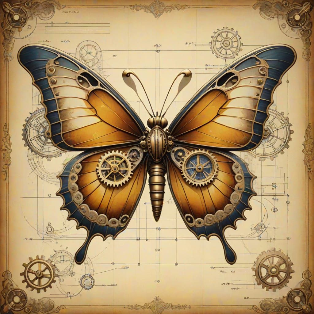 A steampunk butterfly with intricate gears, cogs, and clockwork mechanisms seamlessly embedded ...