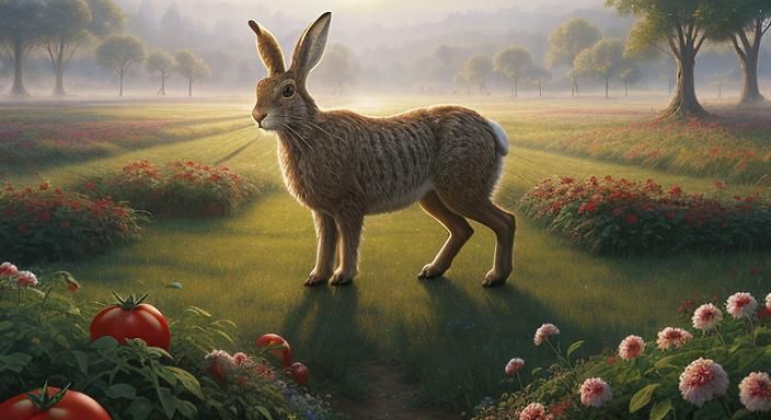 a giant hare standing in a tomato field, epic ethereal fantasy hyperdetailed mist Thomas Kinkade ...