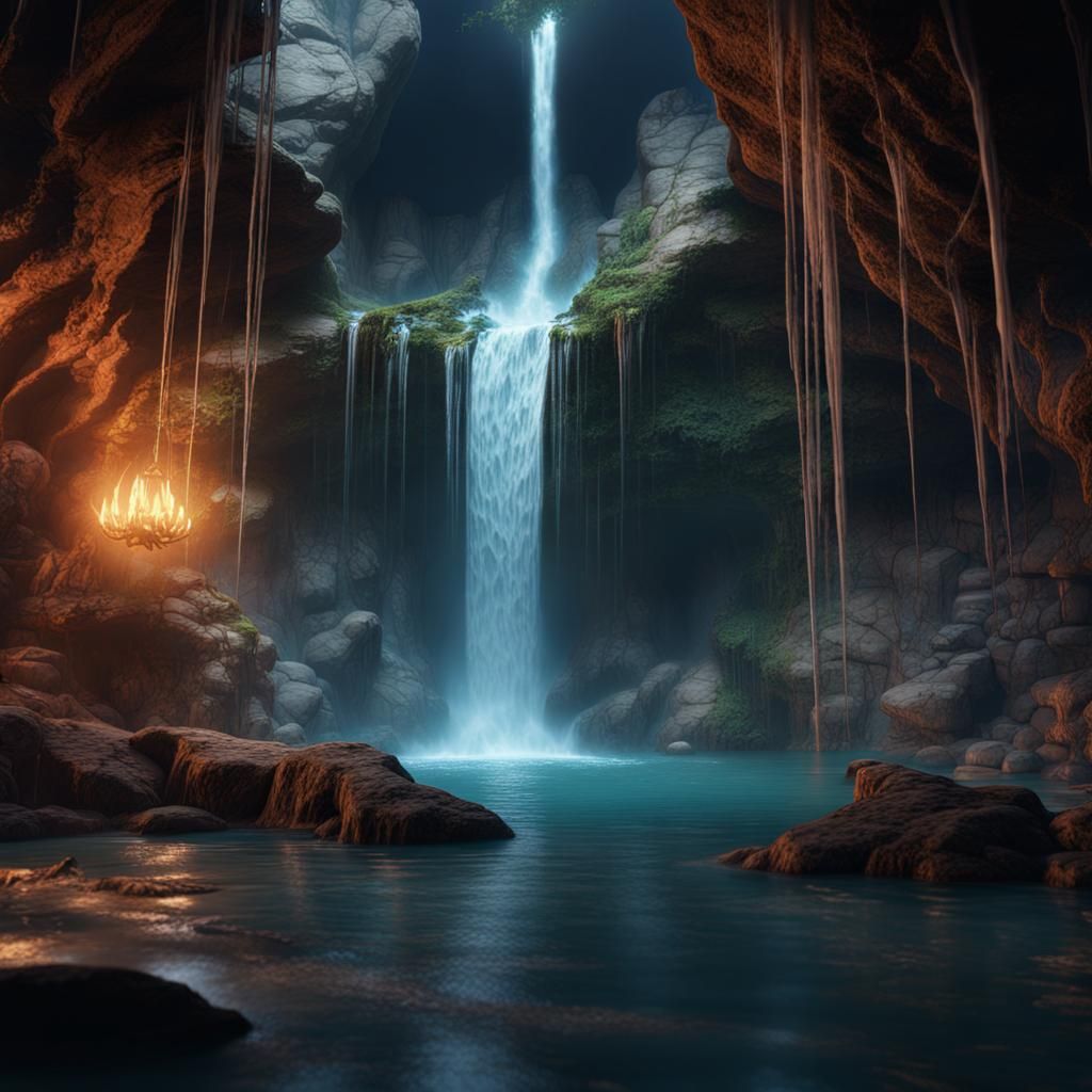 Underground cave waterfall - AI Generated Artwork - NightCafe Creator
