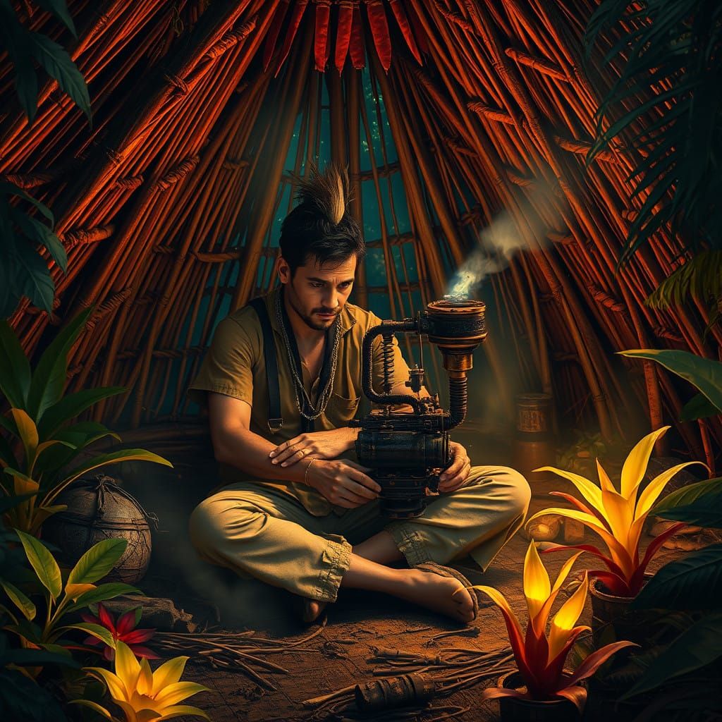 Engineer in a straw hut in an unknown indigenous village