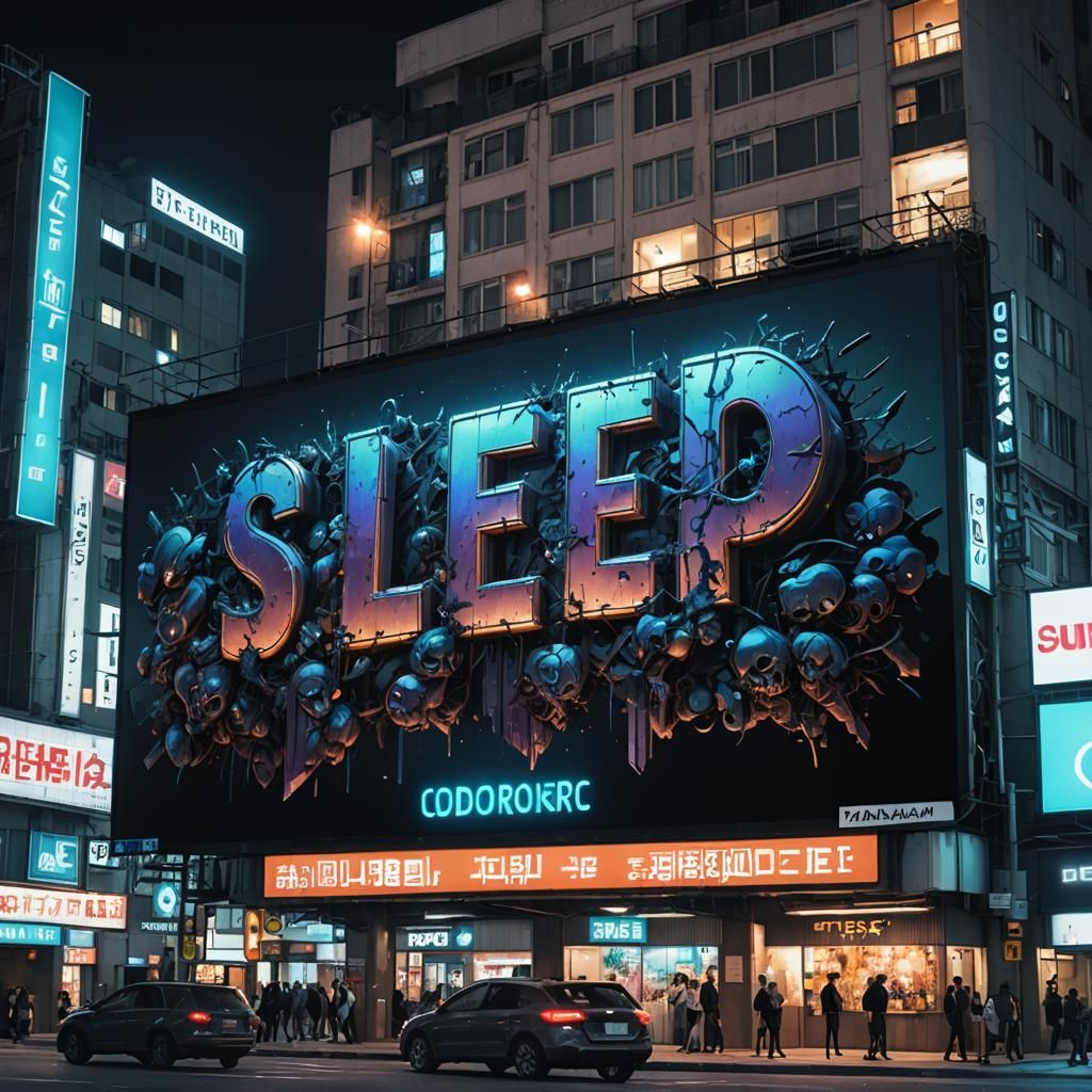 The word "Sleep" emblazoned on a billboard above a city street. Night ...