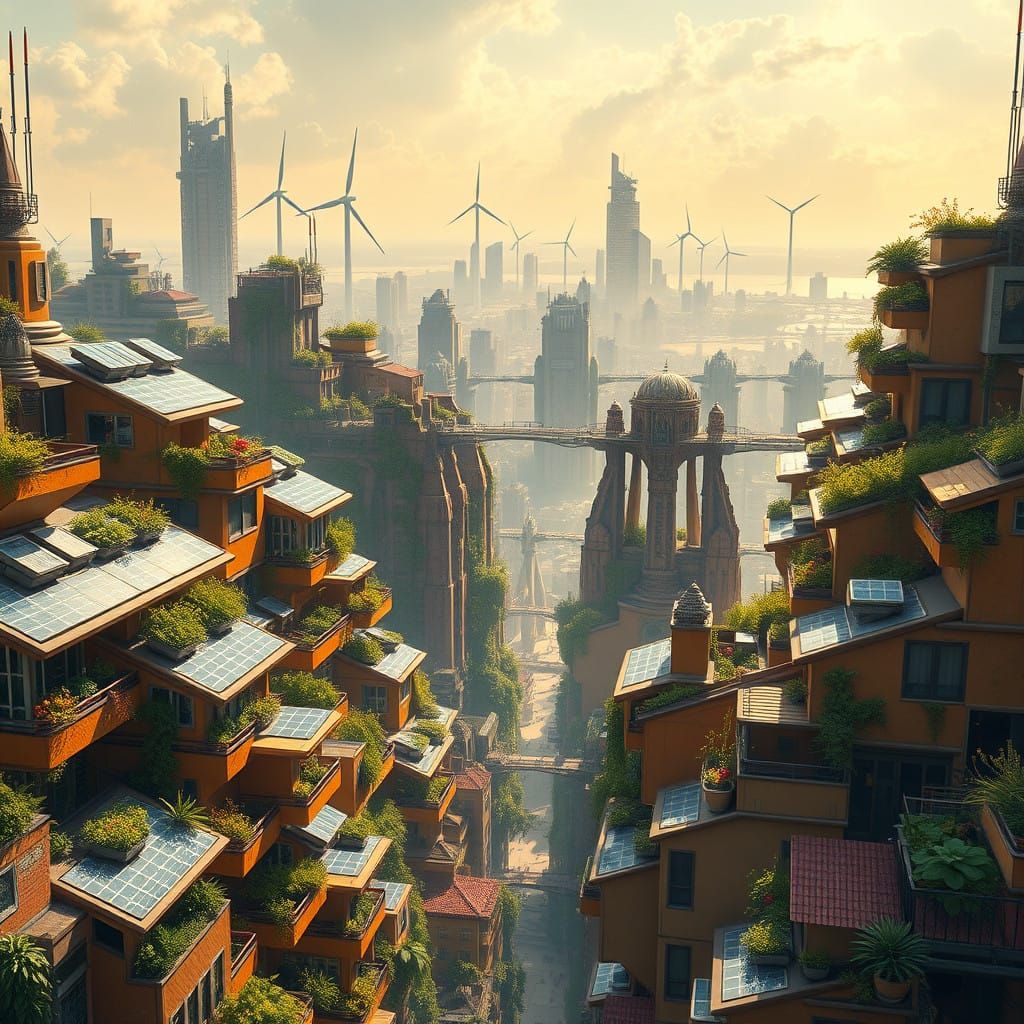Futuristic, dystopian cityscape with solar-paneled houses and rooftop ...