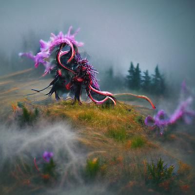 Sinister eldritch parasite on a foggy hill with a female witch trending ...