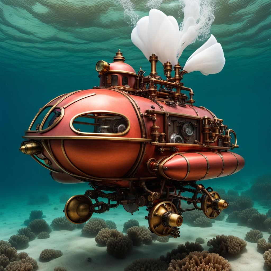 photographic evidentiary action shot of a steampunk bathyspheric coral ...