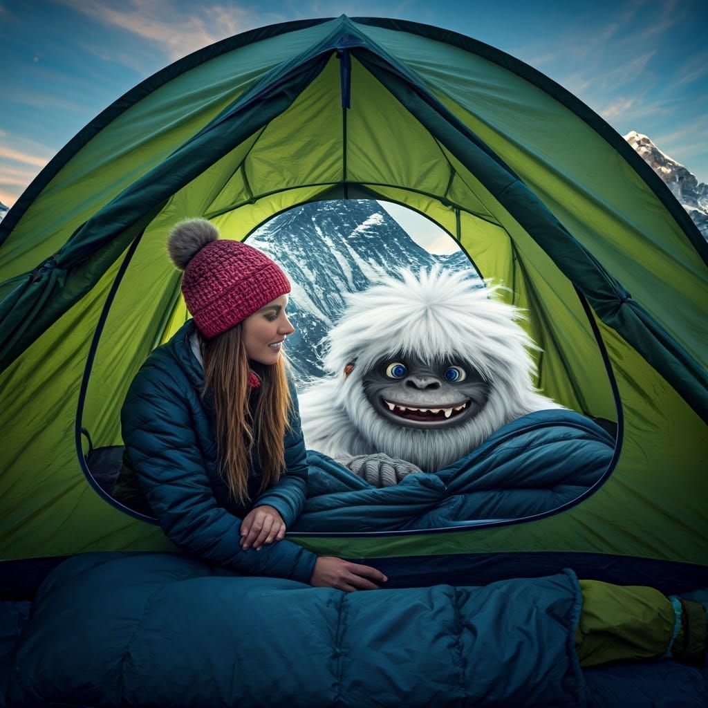 Lady camping in a tent on a snowy Mount Everest with a super cuddly ...