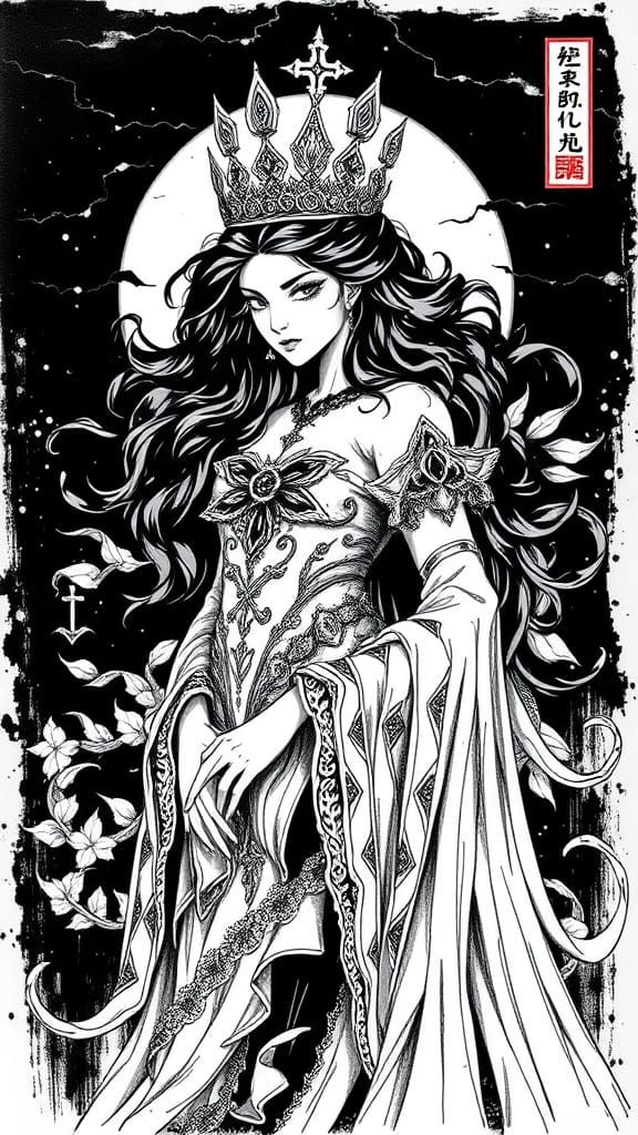 Princess - Ink Art Portrait of Regal Queen Titania in High C...