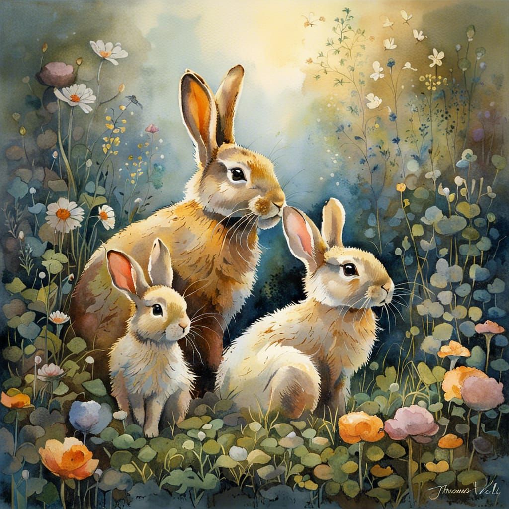 cute rabbit family in the enchanted garden in the evening, by Stewart ...