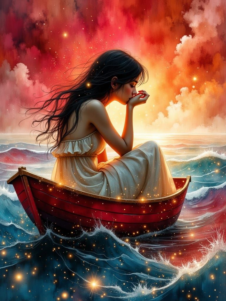 A whimsical dreamy, impressionist-style painting of a melancholic young ...