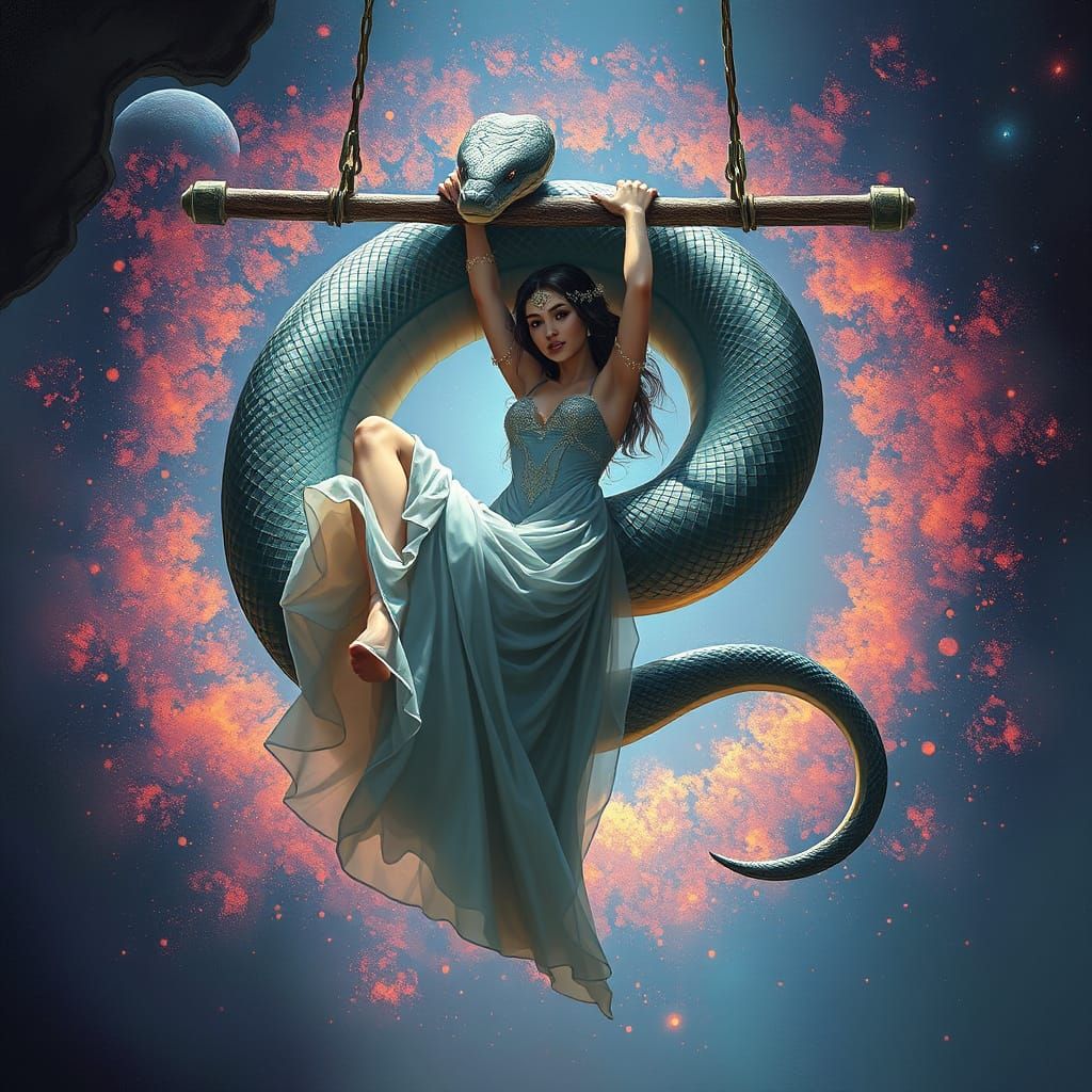 Princess Swinging with Python in Cosmic Dust - AI Art
