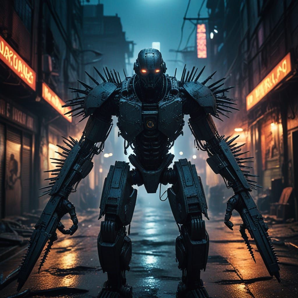 Gritty Cyberpunk Robot Towers Over Martin Sillenus... - AI Art