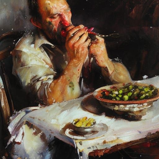 Man eating potatoes and crying - AI Generated Artwork - NightCafe Creator