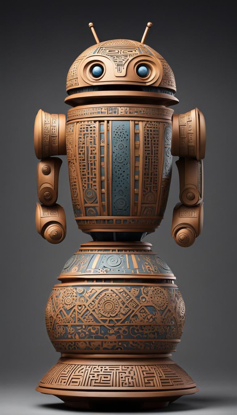 (An android robot fabricated out of pottery:1.5) with intricate designs ...