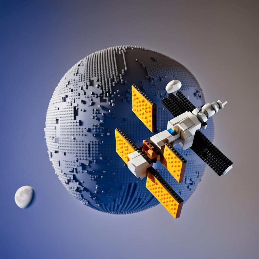 The moon and a satellite, orbiting Earth, made out of plastic lego ...