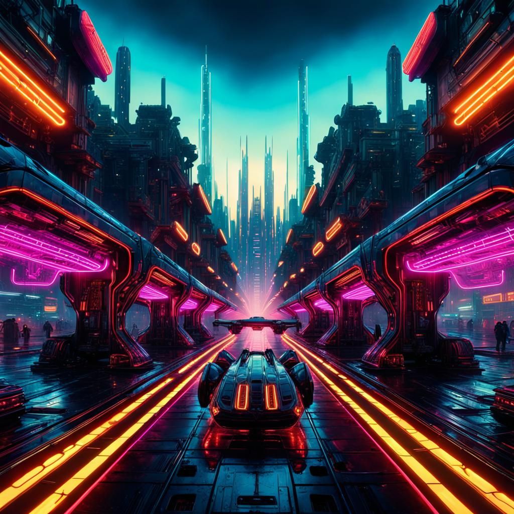 Digital fantasy cinematic neon art of "flying futuristic vehicles ...