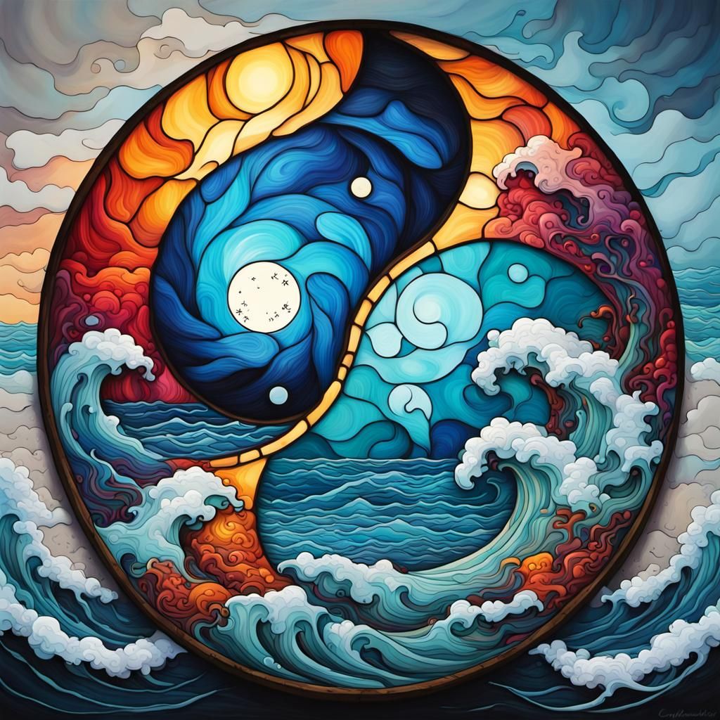 stained glass style ying-yang-moon lit night over ocean waves - AI ...