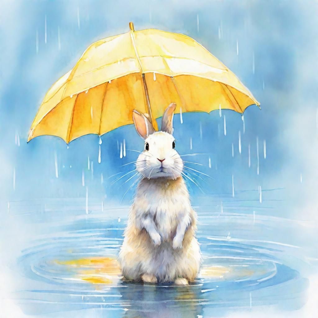 Whimsical Rabbit Under Umbrella: Dreamy Digital Wa... - AI Art