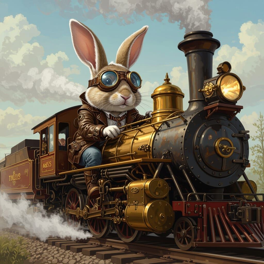 A steampunk bunny driving a great locomotive