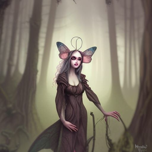 genderfluid gothic moth person foraging mushrooms in a redwood forest ...